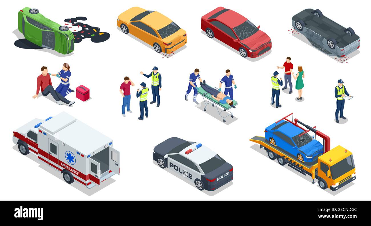 Isometric vector illustration showing an accident scene with an ...