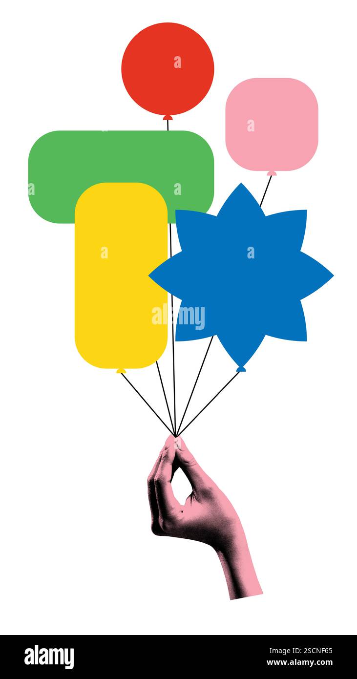 Hand holding strings attached to various speech bubbles shaped like ...