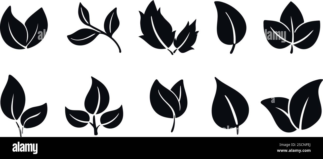 Leaves icons set. Black silhouette of foliage and leaflets. Naturalness ...