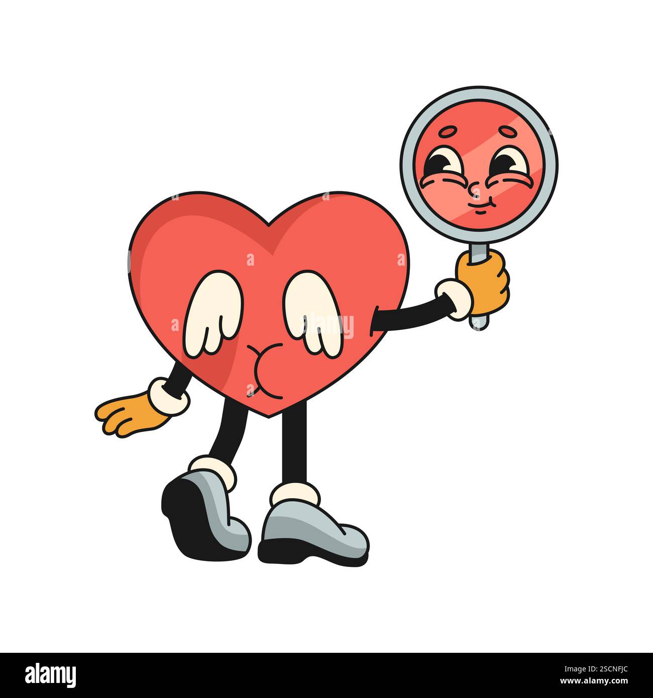 Heart character with wings holding mirror. Vector icon of ...
