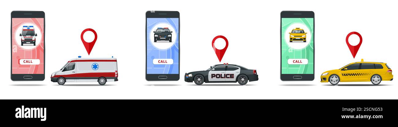 Isometric vector illustration of emergency and taxi services being ...