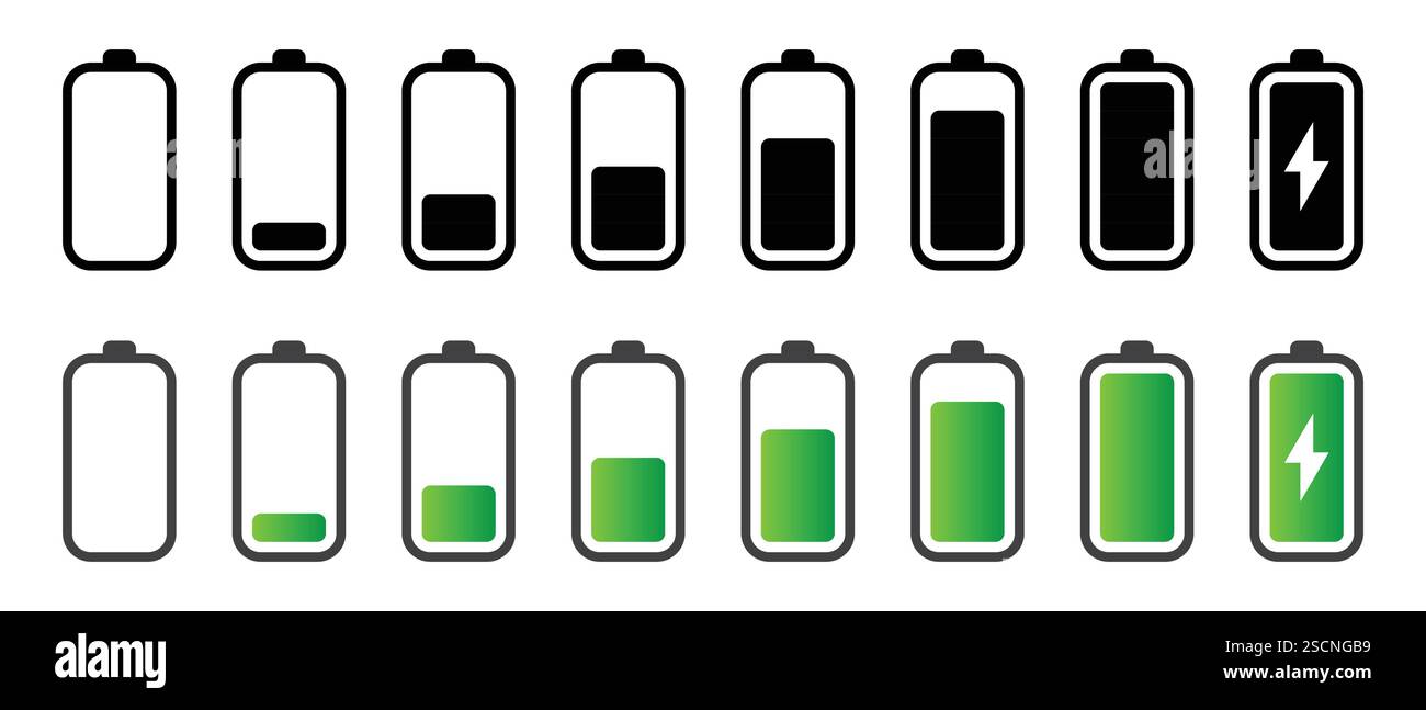 Battery charging process and issues during charging. battery icon set ...