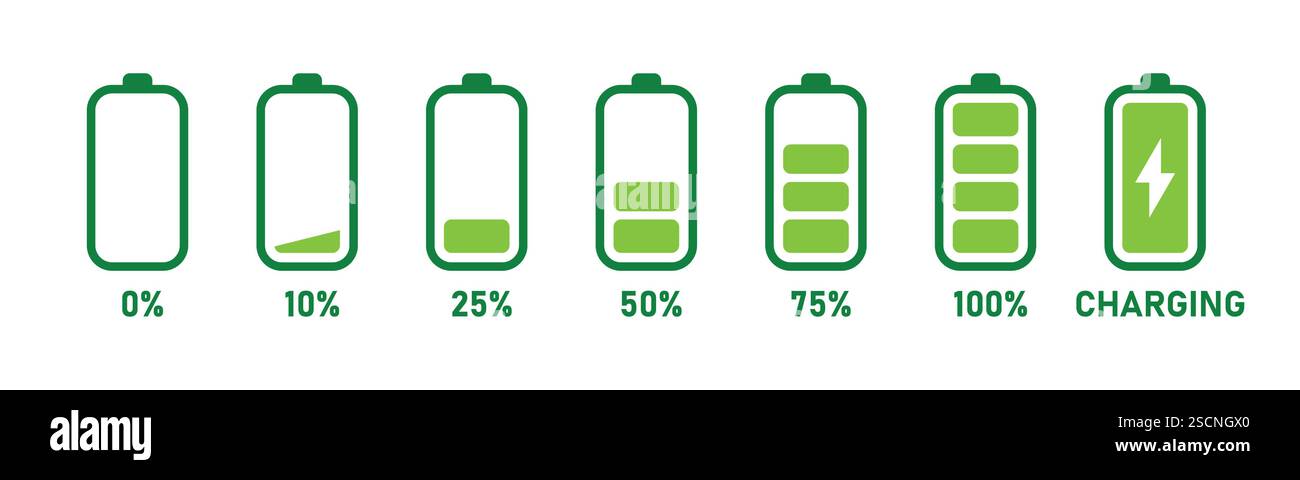 Battery charging process icon set in green color with percentage ...