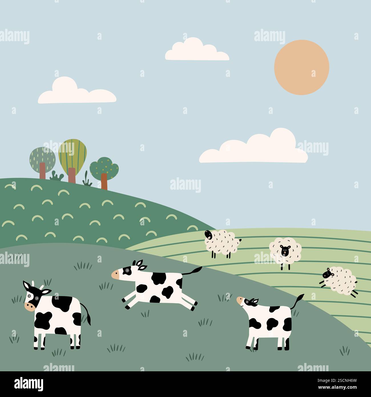 A peaceful meadow with cows and sheep Stock Vector Image & Art - Alamy