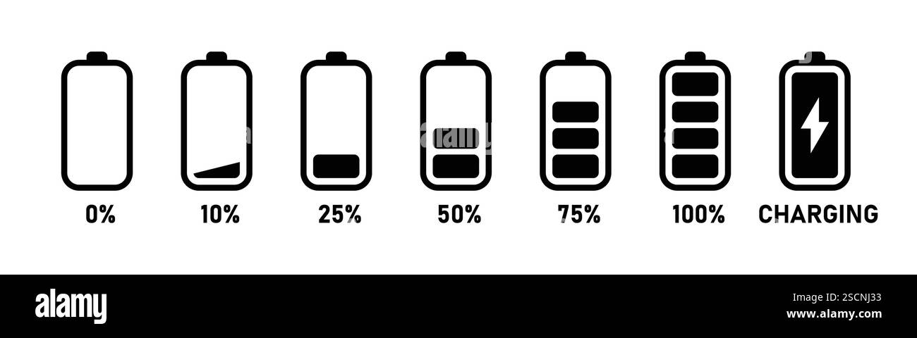 Battery charging process icon set in black and white color with ...