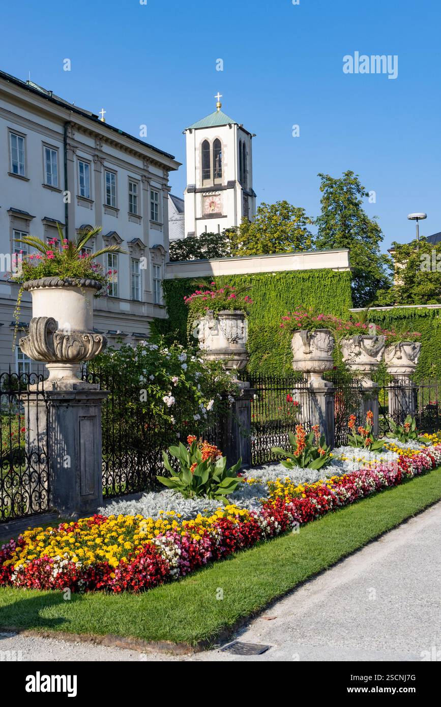 Beautiful baroque gardens of famous Mirabell Palace in the historic old ...