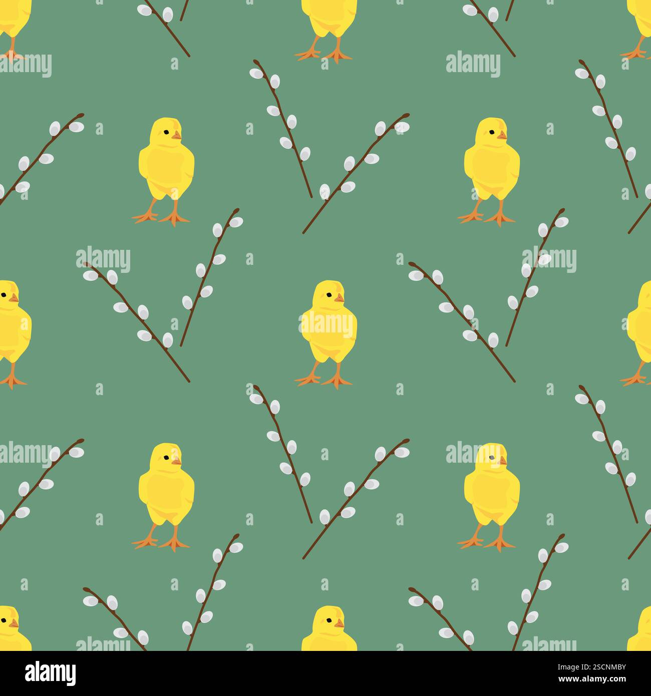 Seamless vector pattern of cute little chick and willow branches with ...