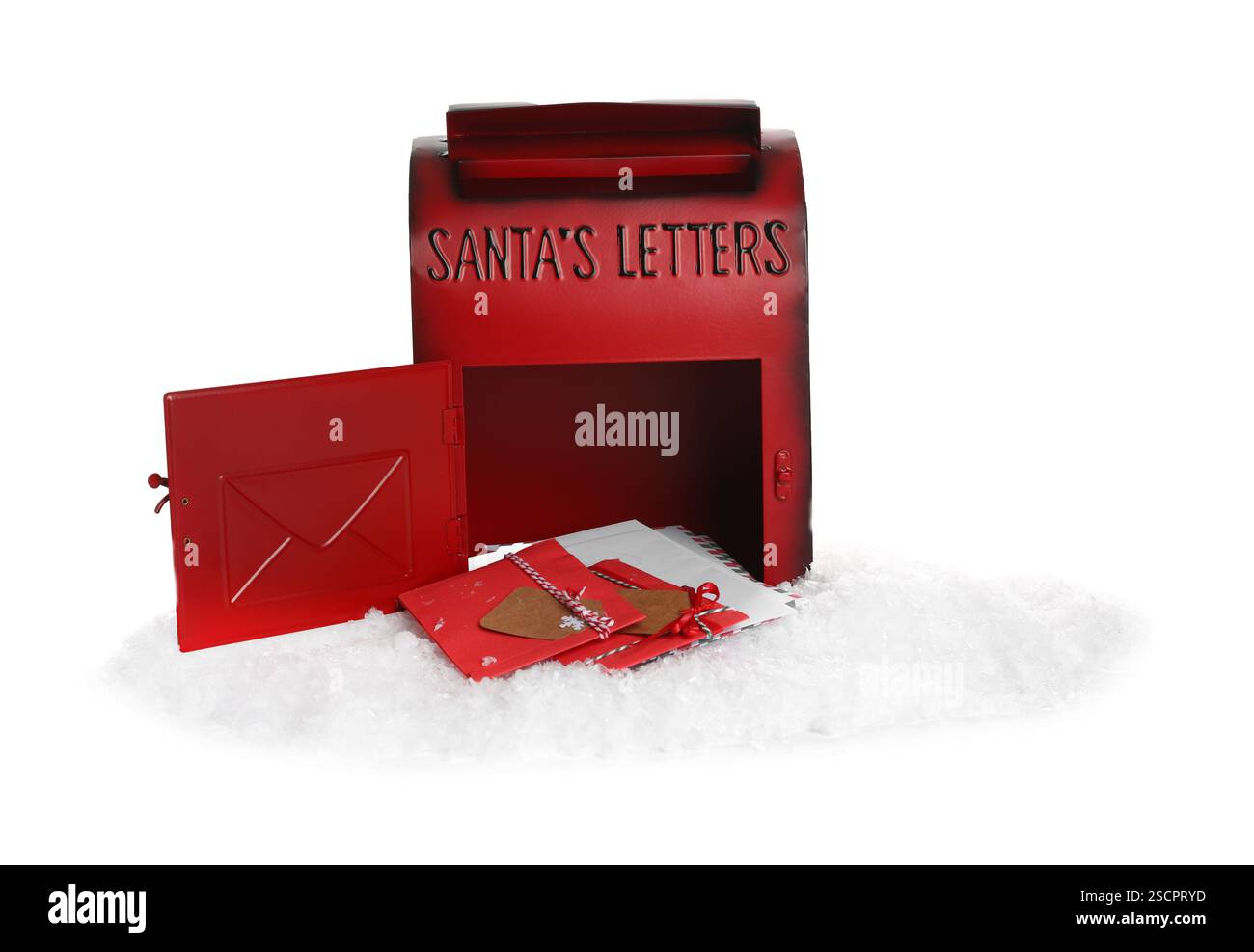 Santa Claus mail box with letters and artificial snow isolated on white ...