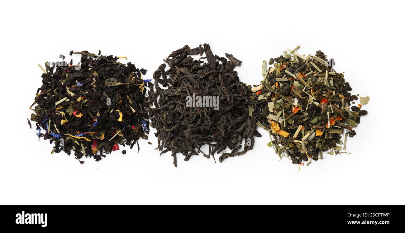 Different types of tea brew isolated on white, top view Stock Photo - Alamy