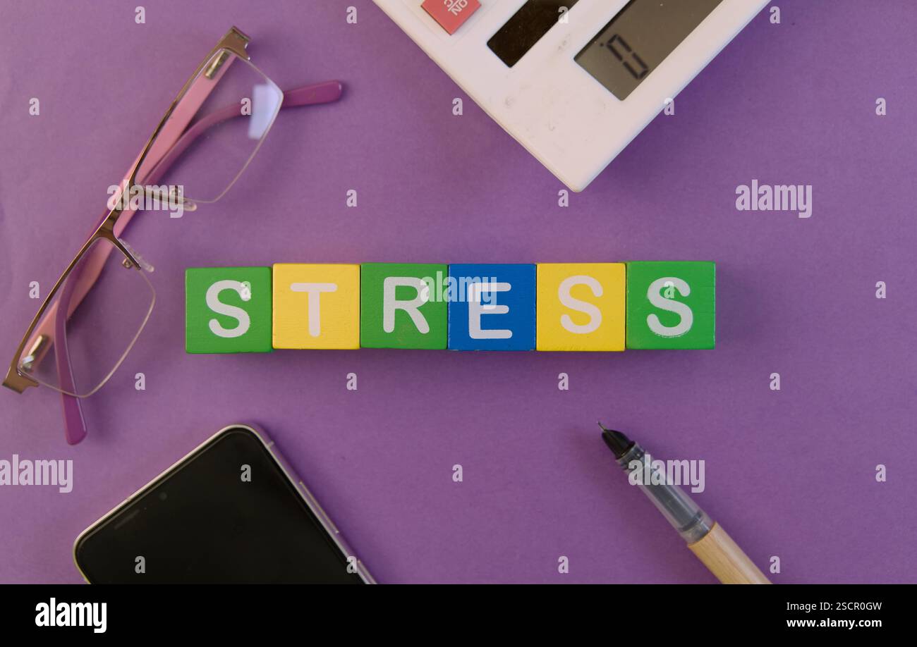 Colorful building blocks display the word stress on a purple background ...