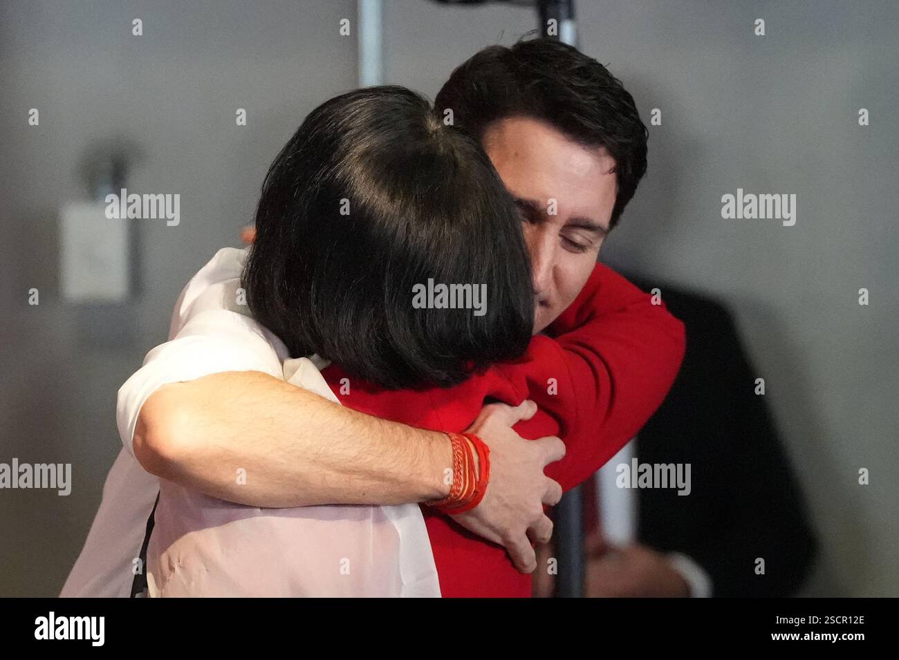 Toronto, Canada. 07th Feb, 2025. Prime Minister Justin Trudeau hugs Toronto Mayor Olivia Chow at ...