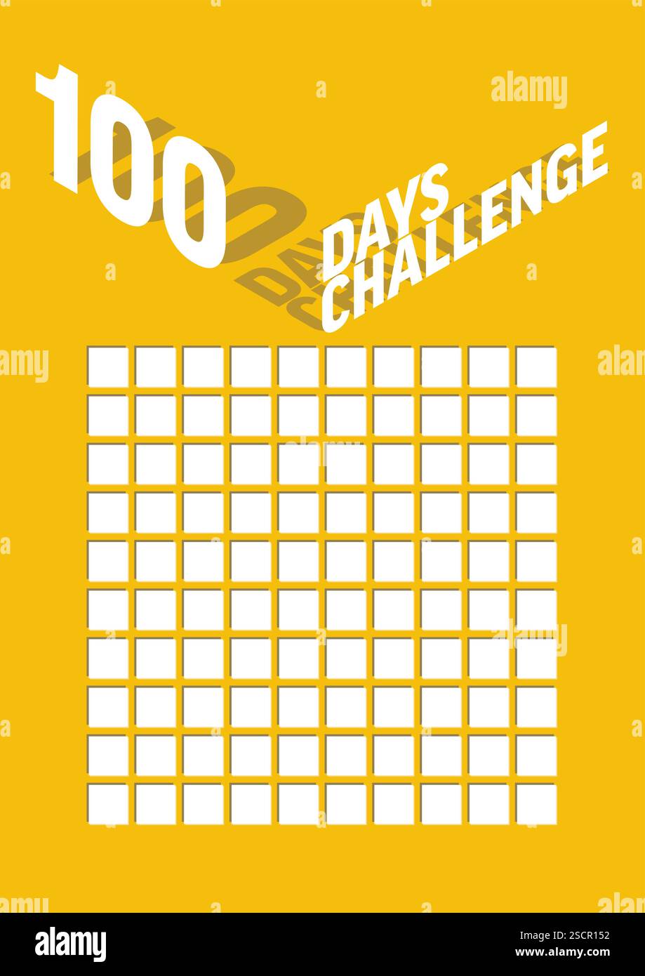 Yellow 100 days challenge tracker with 100 squaress for marking ...