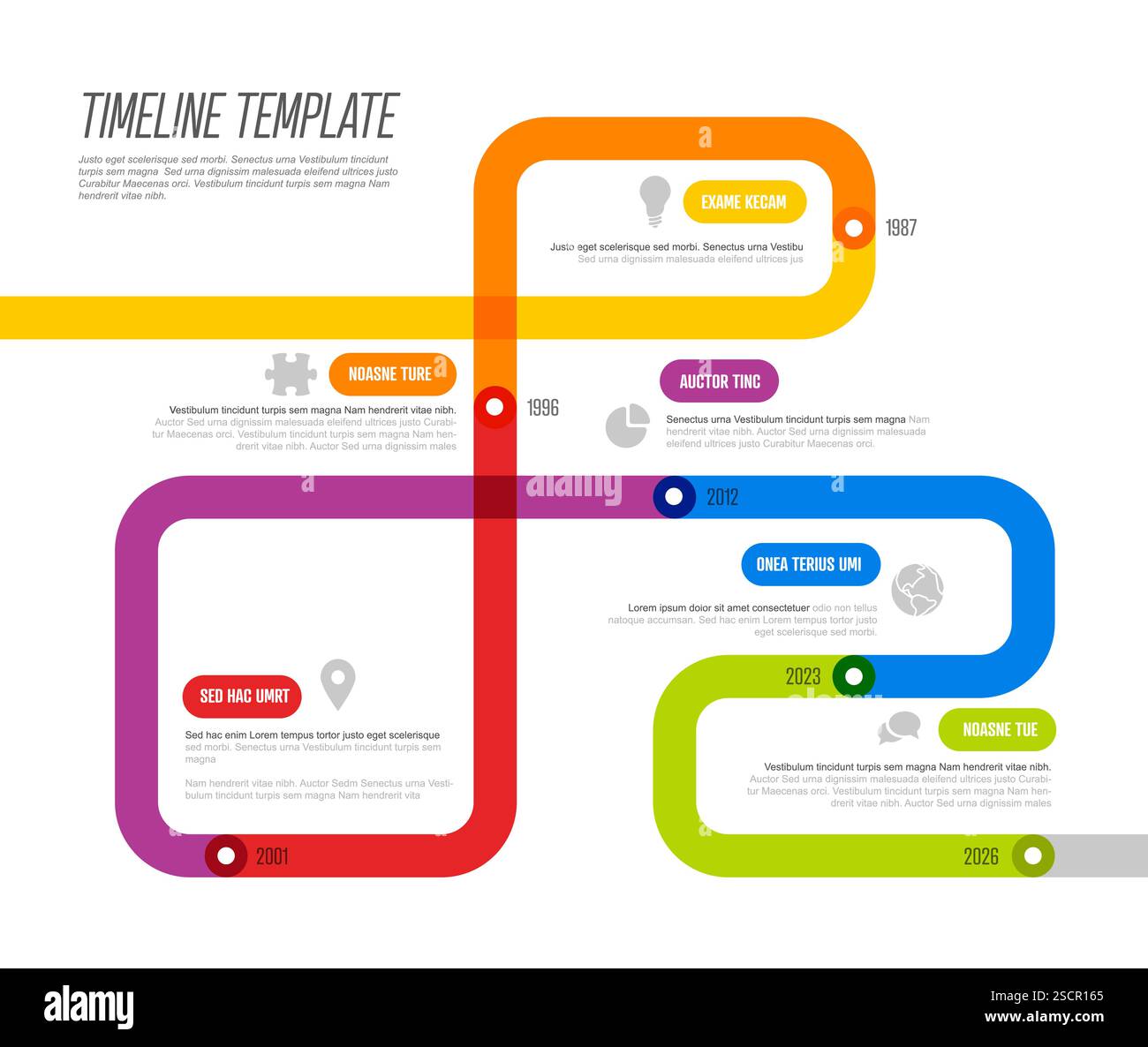 A vibrant timeline template features multicolor paths with text boxes ...
