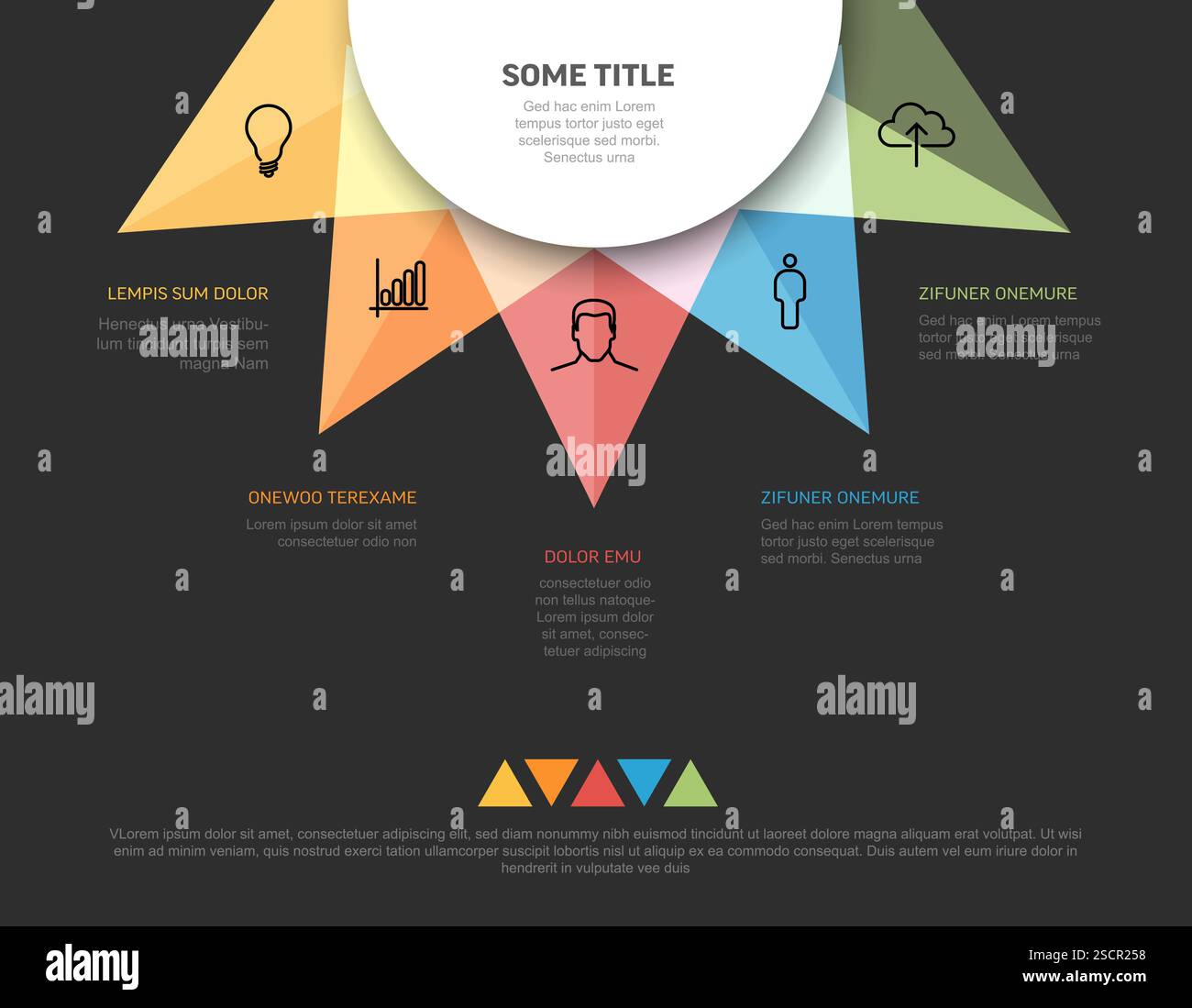 A colorful dark infographic template with six triangular sections, each ...