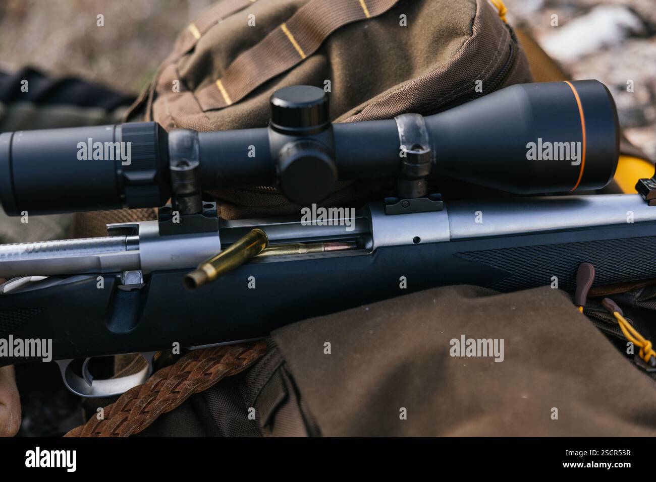 Hunter preparing rifle for hunting with bullets in rifle action Stock ...