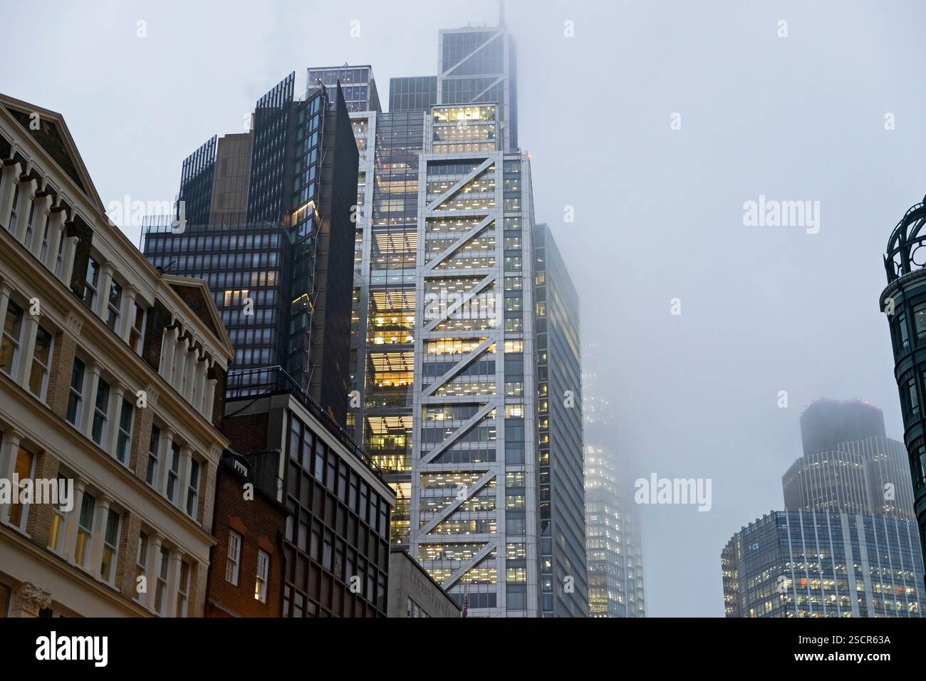 Skyscrapers tall buildings towers lit up on Bishopsgate near Liverpool ...
