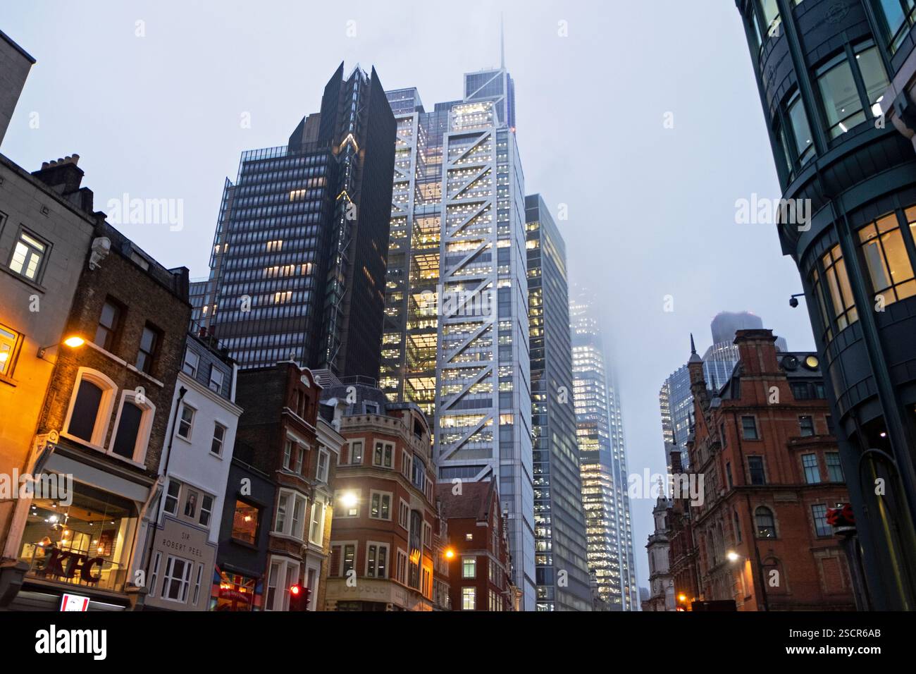 Skyscrapers tall buildings towers lit up on Bishopsgate near Liverpool ...