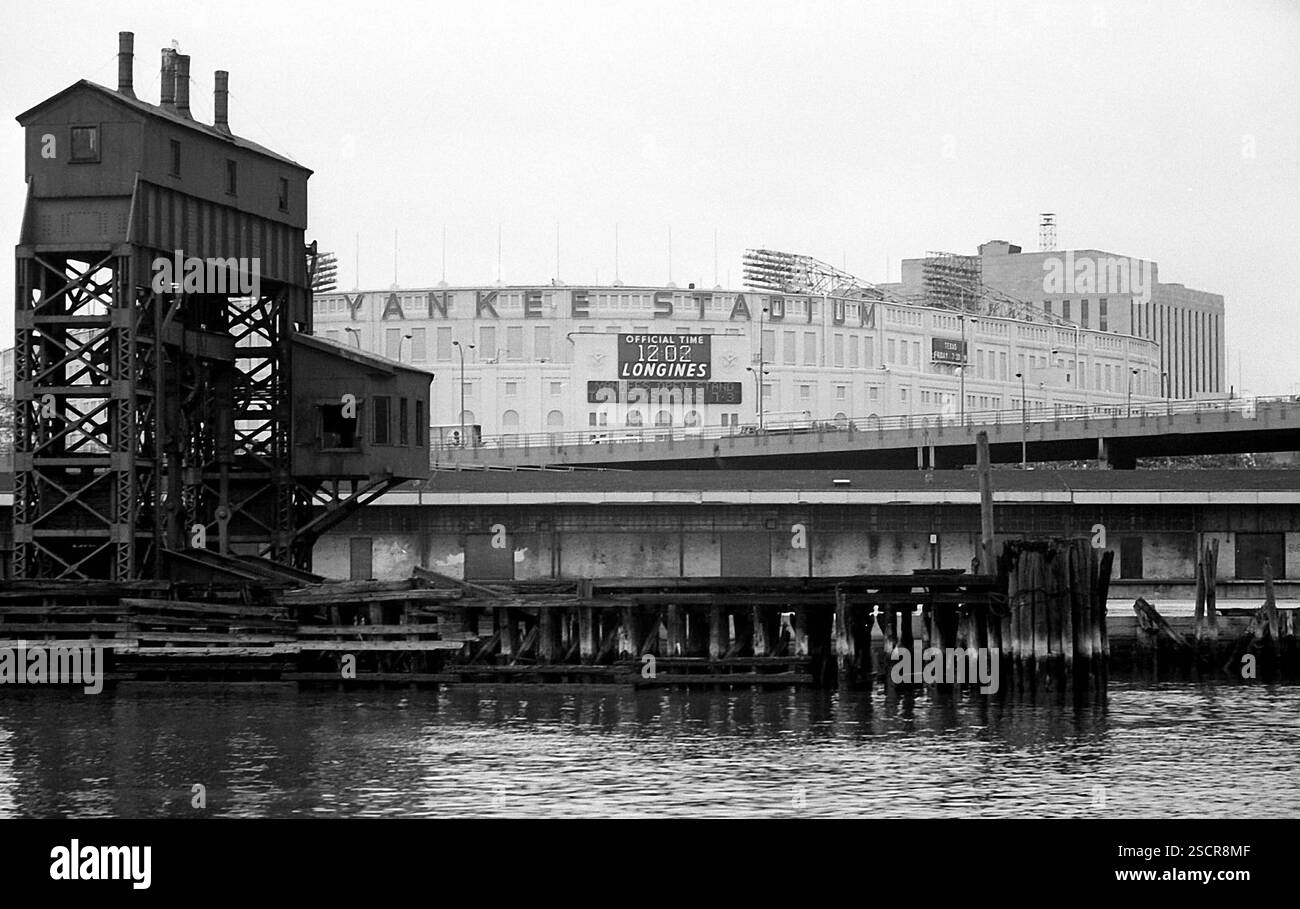 View from the water over the docks to the baseball stadium of the New ...