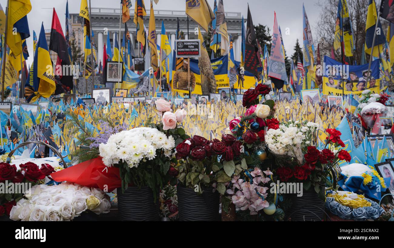 Kyiv, Ukraine. 06th Feb, 2025. Flags, pictures, and flowers constitute ...