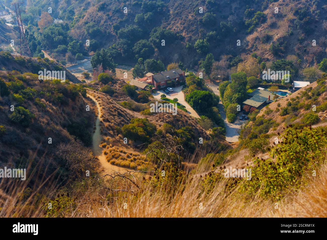 Aerial view of Runyon Canyon Park in Los Angeles, showing homes and ...