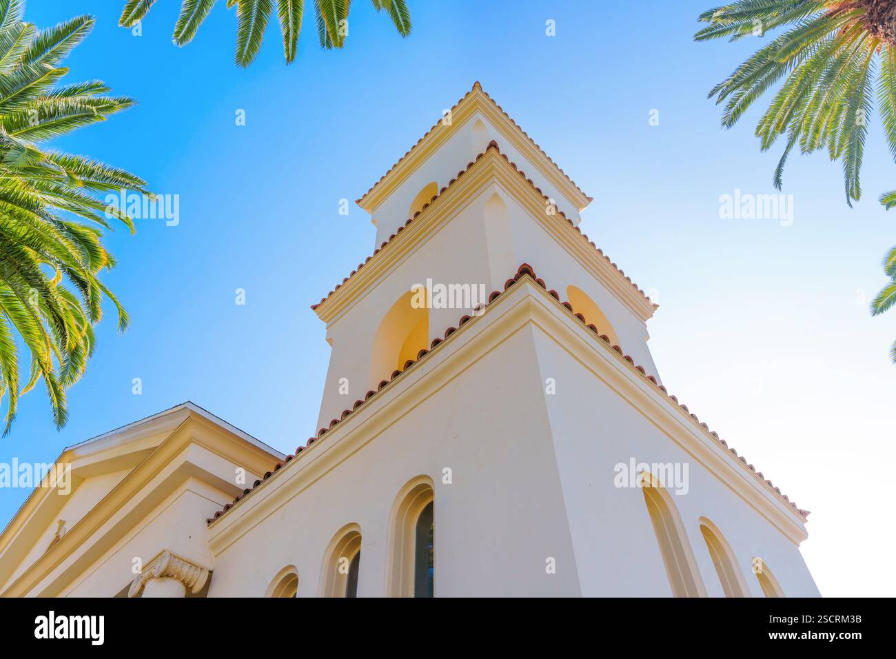 Dramatic view of palm trees surrounding the First Church of Christ, Scientist in Riverside ...