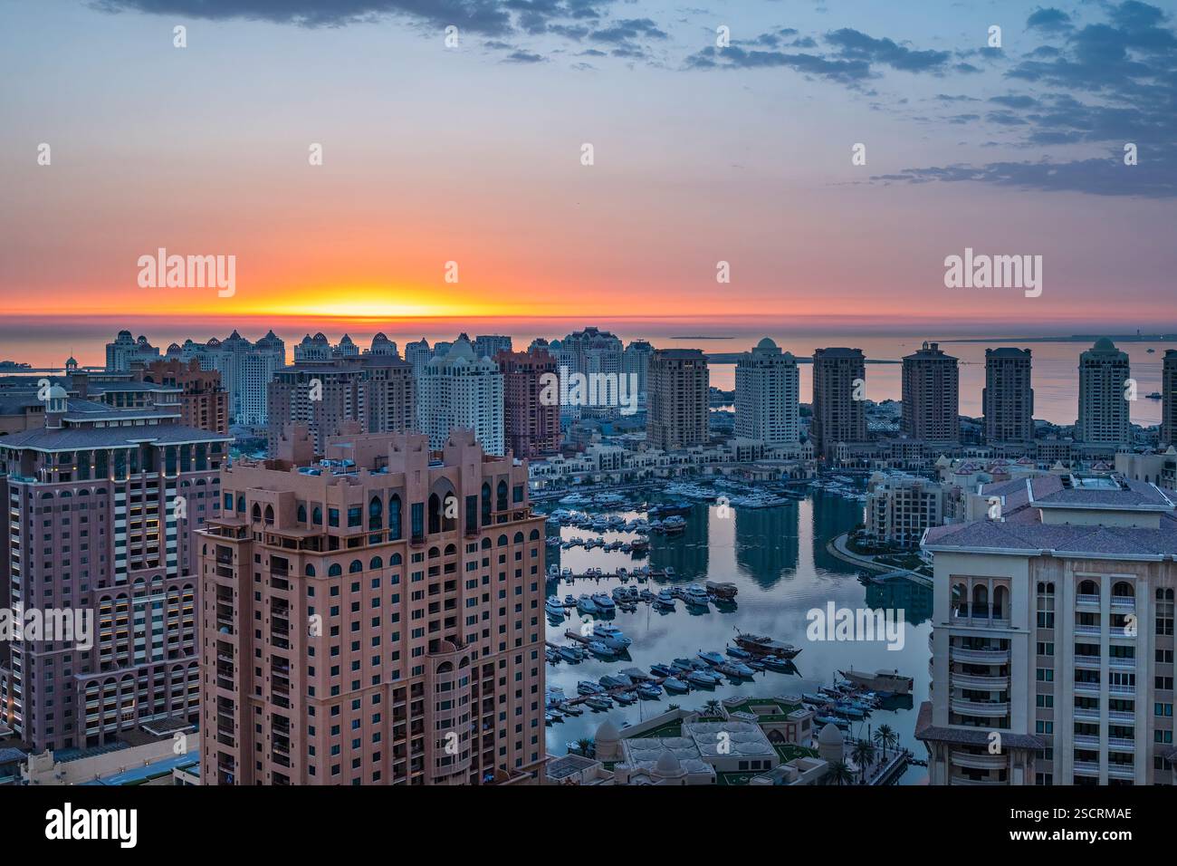 Sunrise view of Pearl Qatar Porto Arabia Qatar Stock Photo - Alamy