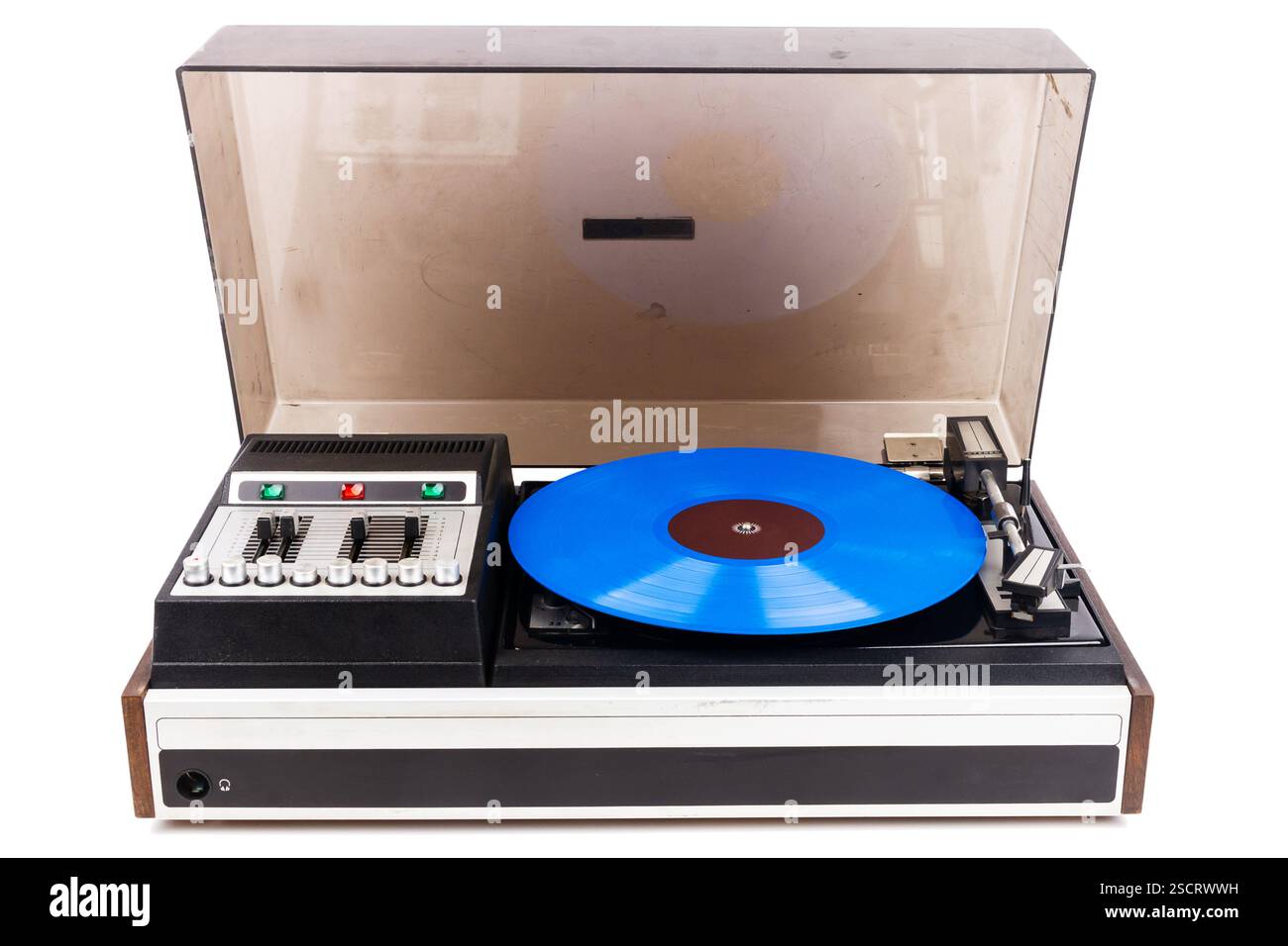 Vintage turntable record player with blue vinyl isolated on white ...
