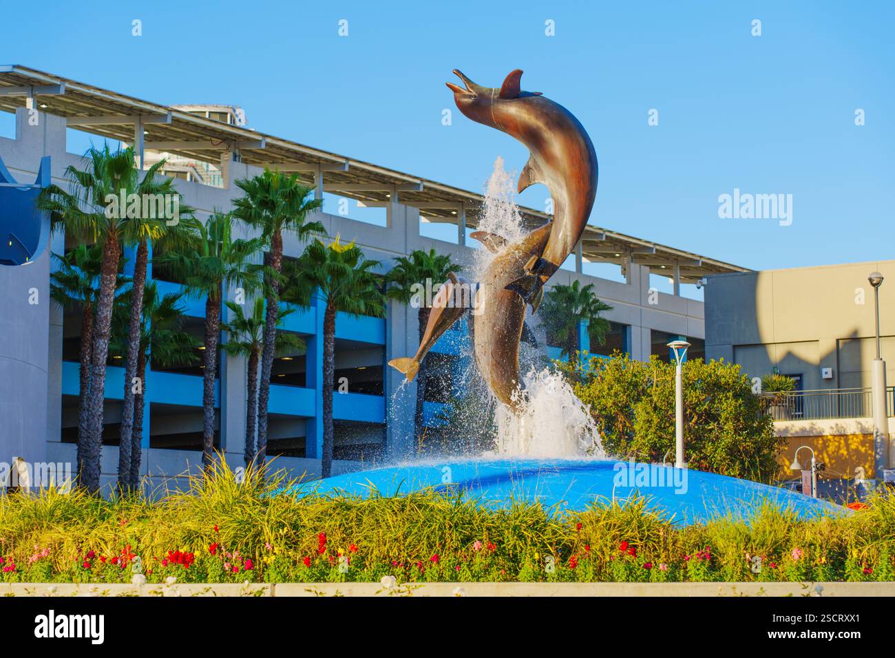 Long Beach, California - January 15, 2025: Fountain featuring dolphins ...