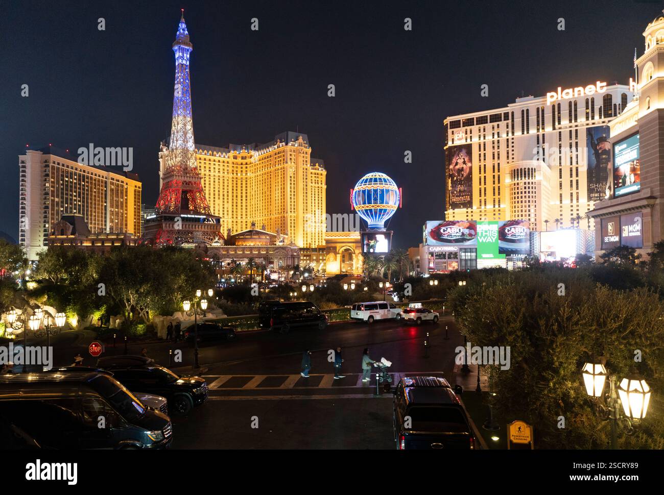 Night view of the Paris Las Vegas hotel and casino, Las Vegas Strip, with the Eiffel Tower ...