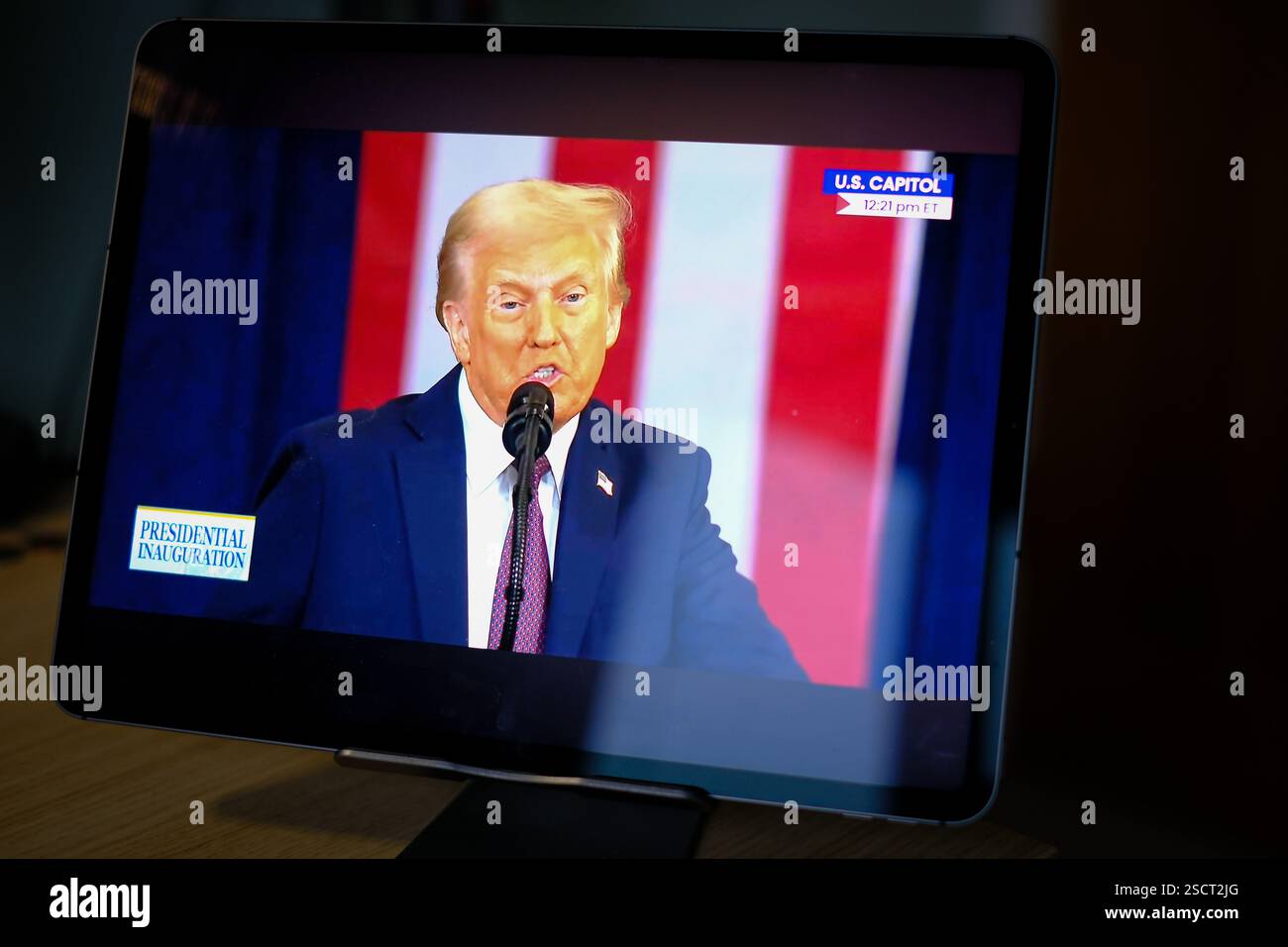 New York, USA - 25 Jan 2025 - The news of the Trump inauguration on a ...