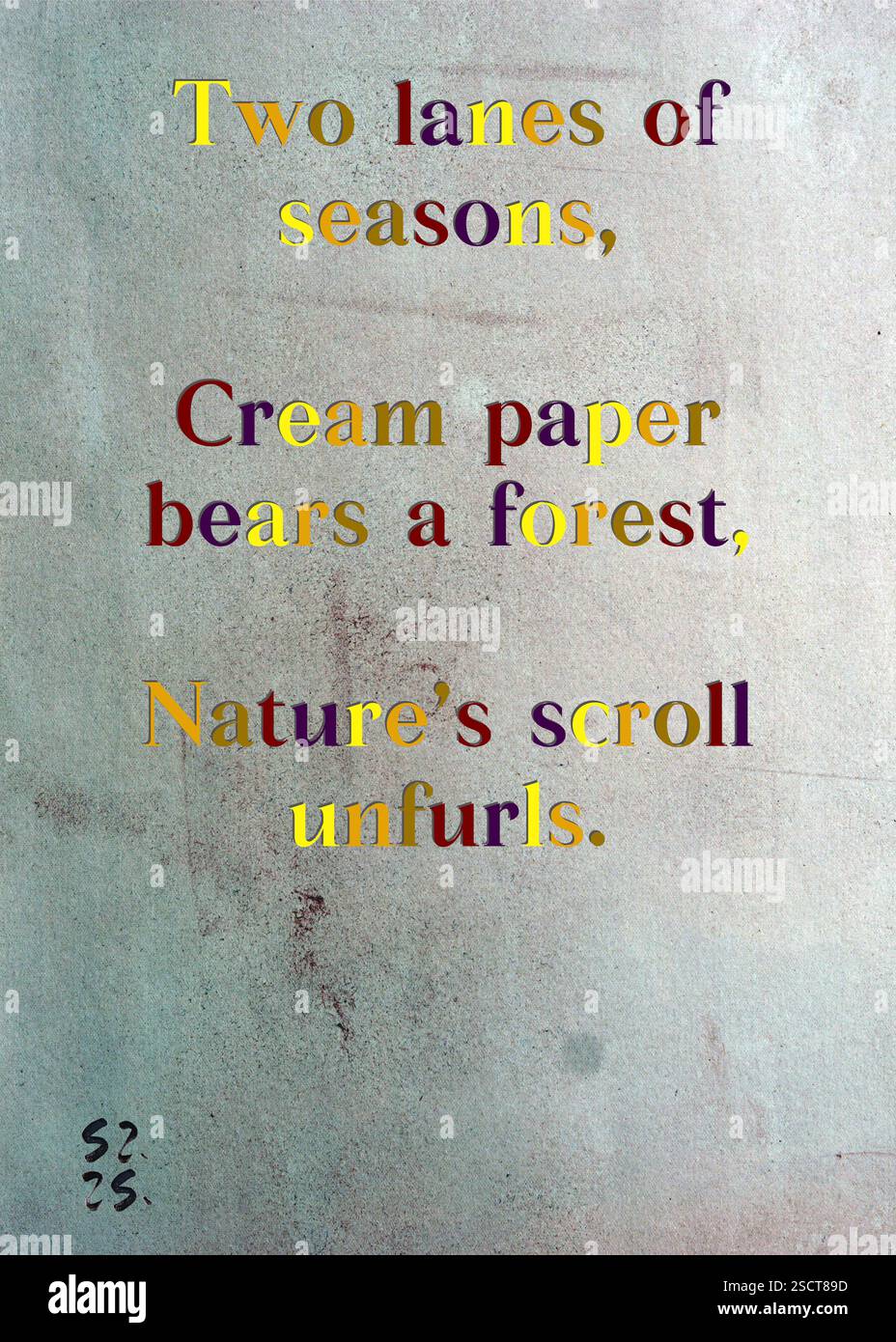 Two lanes of seasons, Cream paper bears a forest, Nature's scroll ...