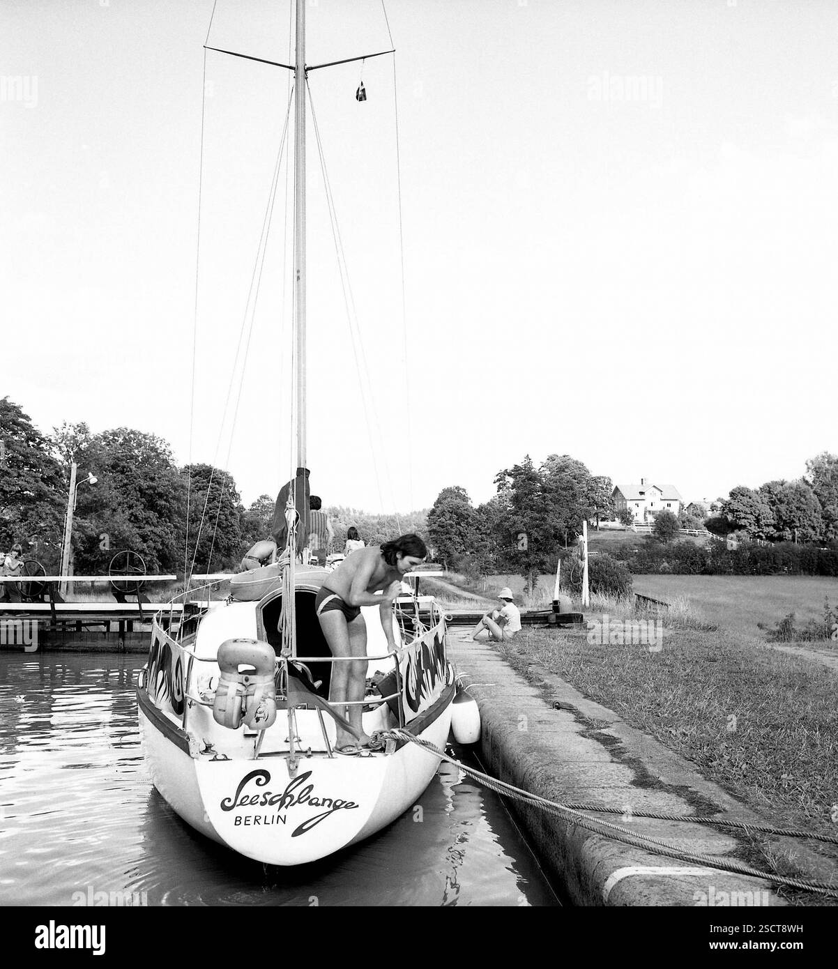 Sailing boat 'Seeschlange' at the lock in Sweden 1975 [automated ...