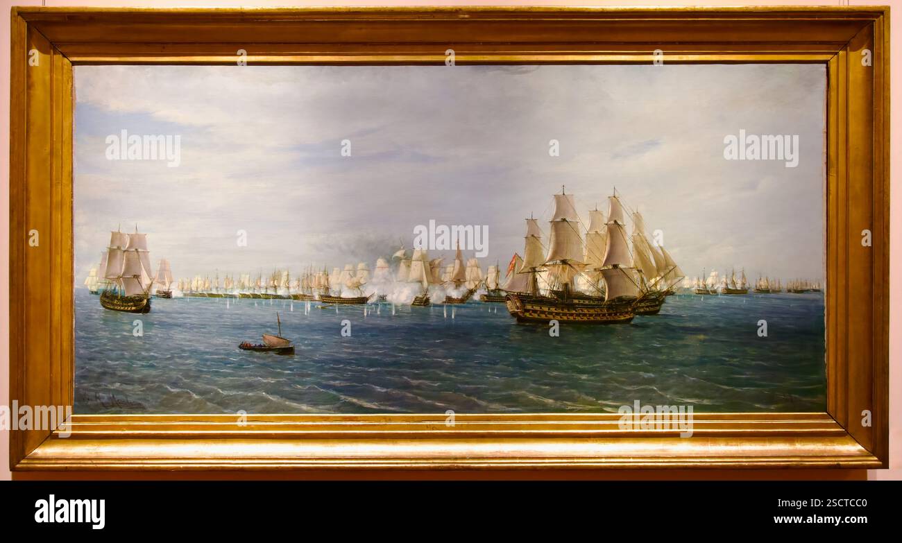1870 oil on canvas painting Panoramic view of the Battle of Trafalgar ...