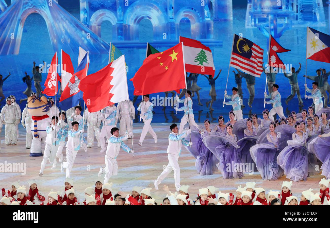 Harbin, China's Heilongjiang Province. 7th Feb, 2025. Flagbearers are ...