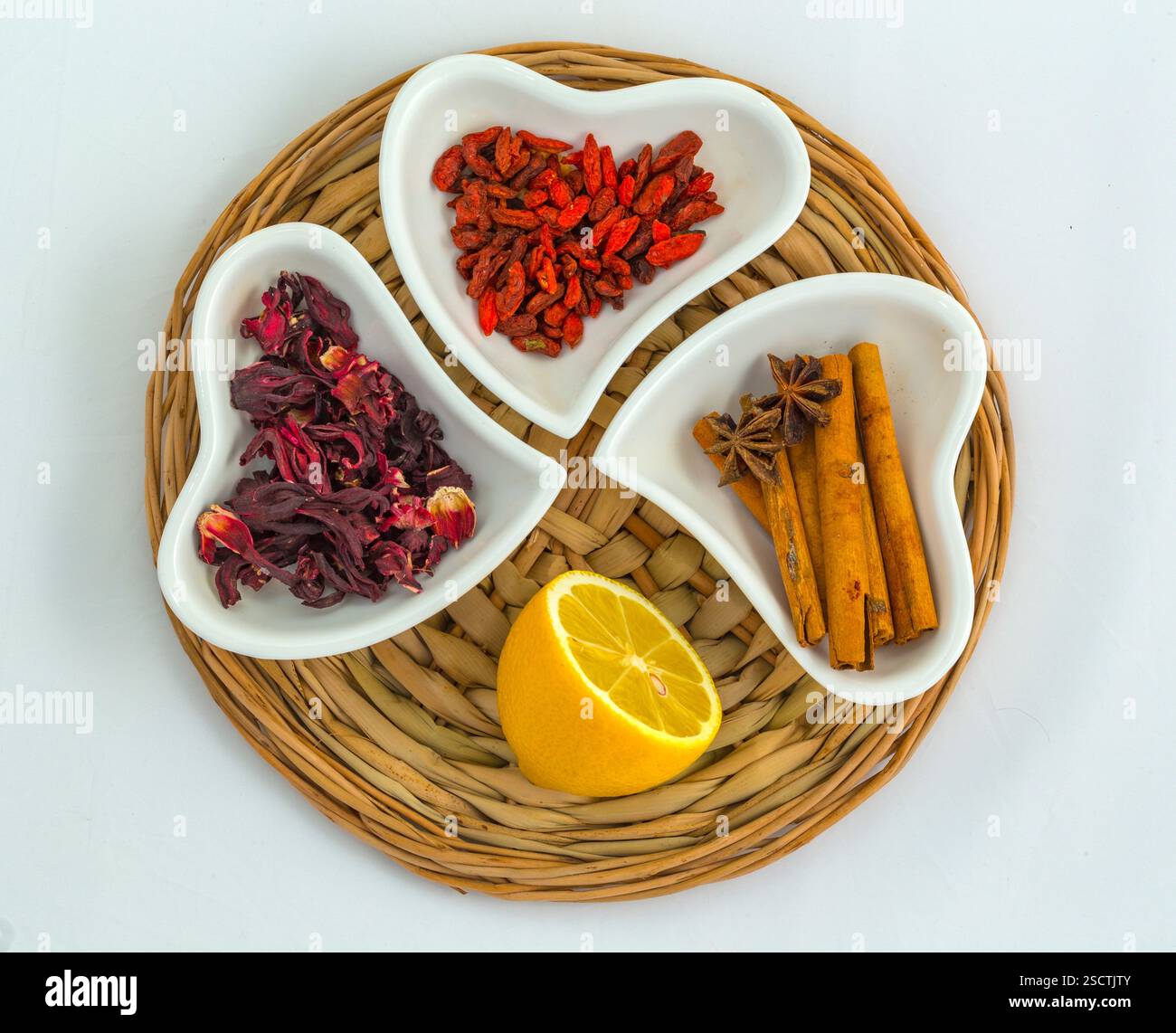 Traditional ingredients for tea, lemon and spices (thyme, oregano ...