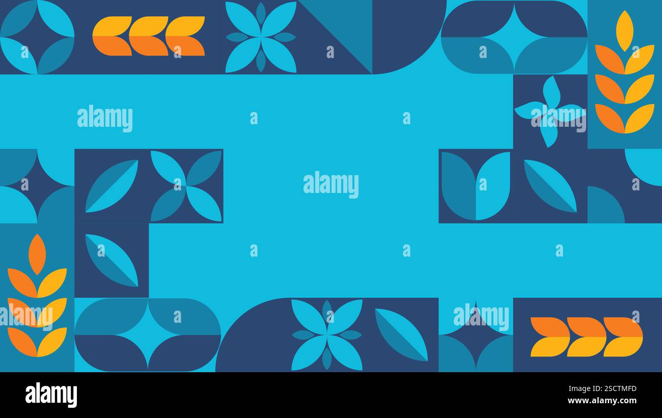 A modern geometric background featuring stylized flowers, leaves, and ...