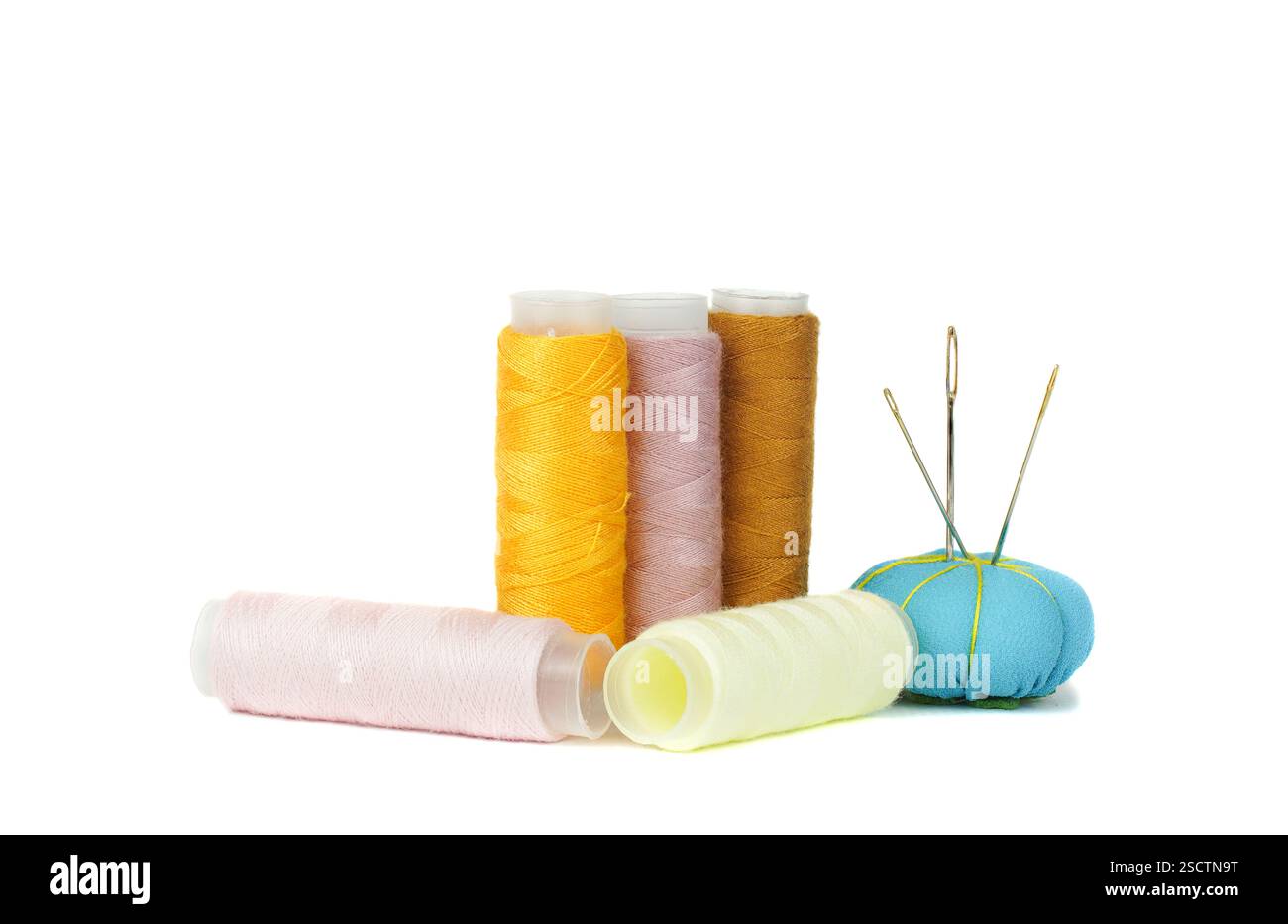 Spool sewing thread with needle and thimble on white background Stock ...