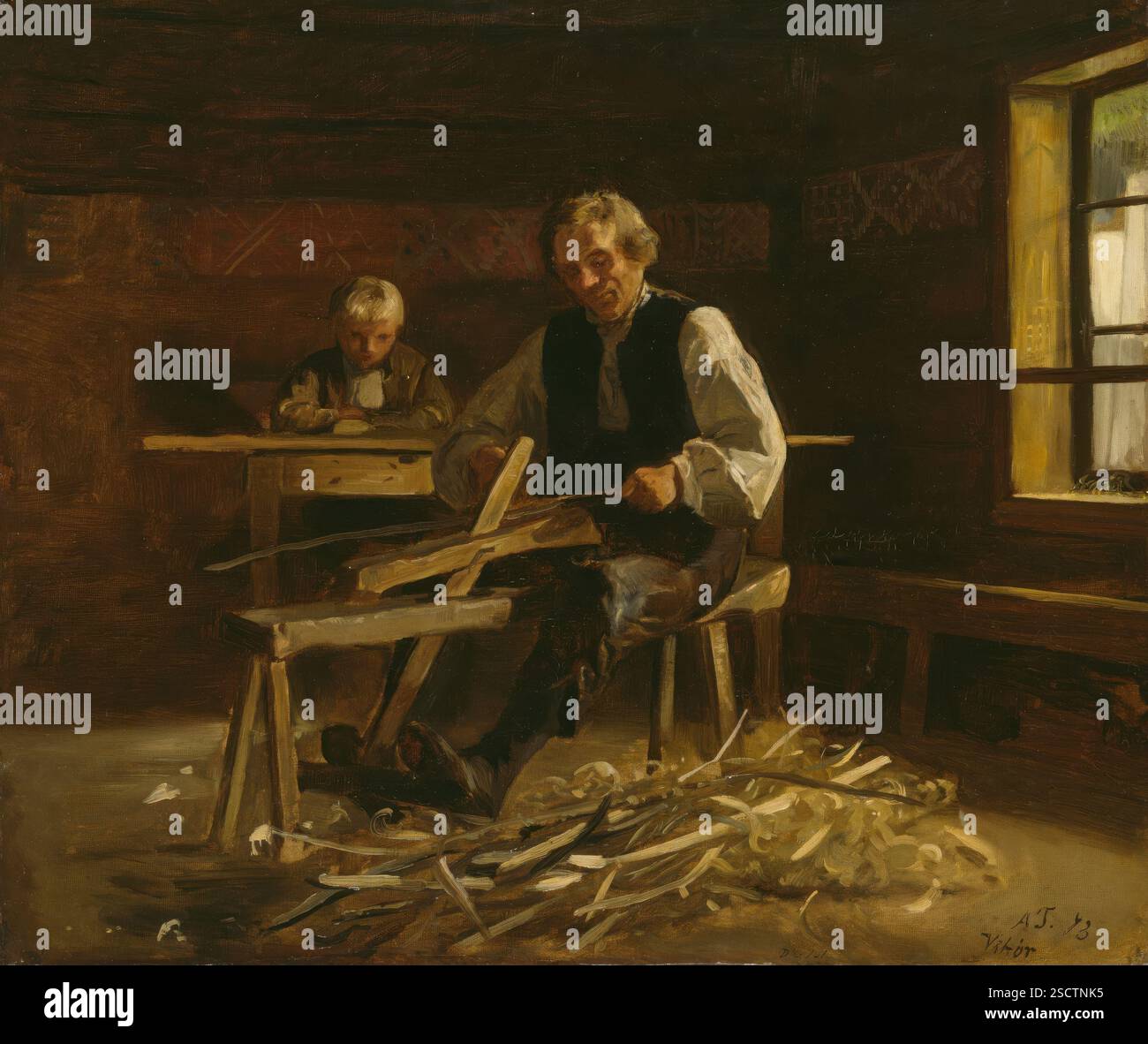 Interior from Vikoy with Farmer making Barrel Hoops, 1873 Stock Photo ...