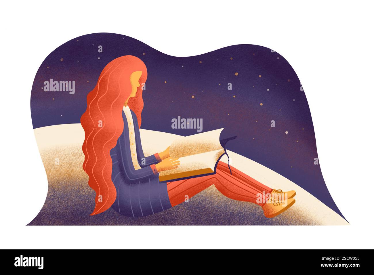 Illustration of a girl with long red hair reading in space on the moon ...