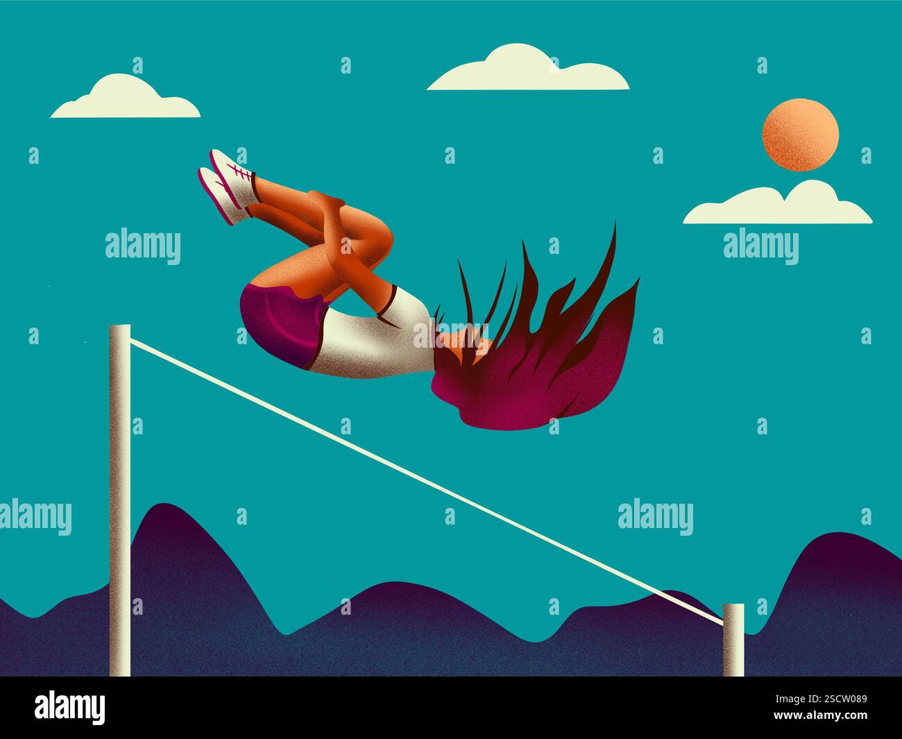 Illustration of a girl doing sports, jumping over a bar. Flat design ...