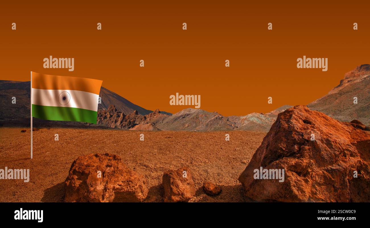 Flag of India on red planet panoramic landscape. Scenic desert ...