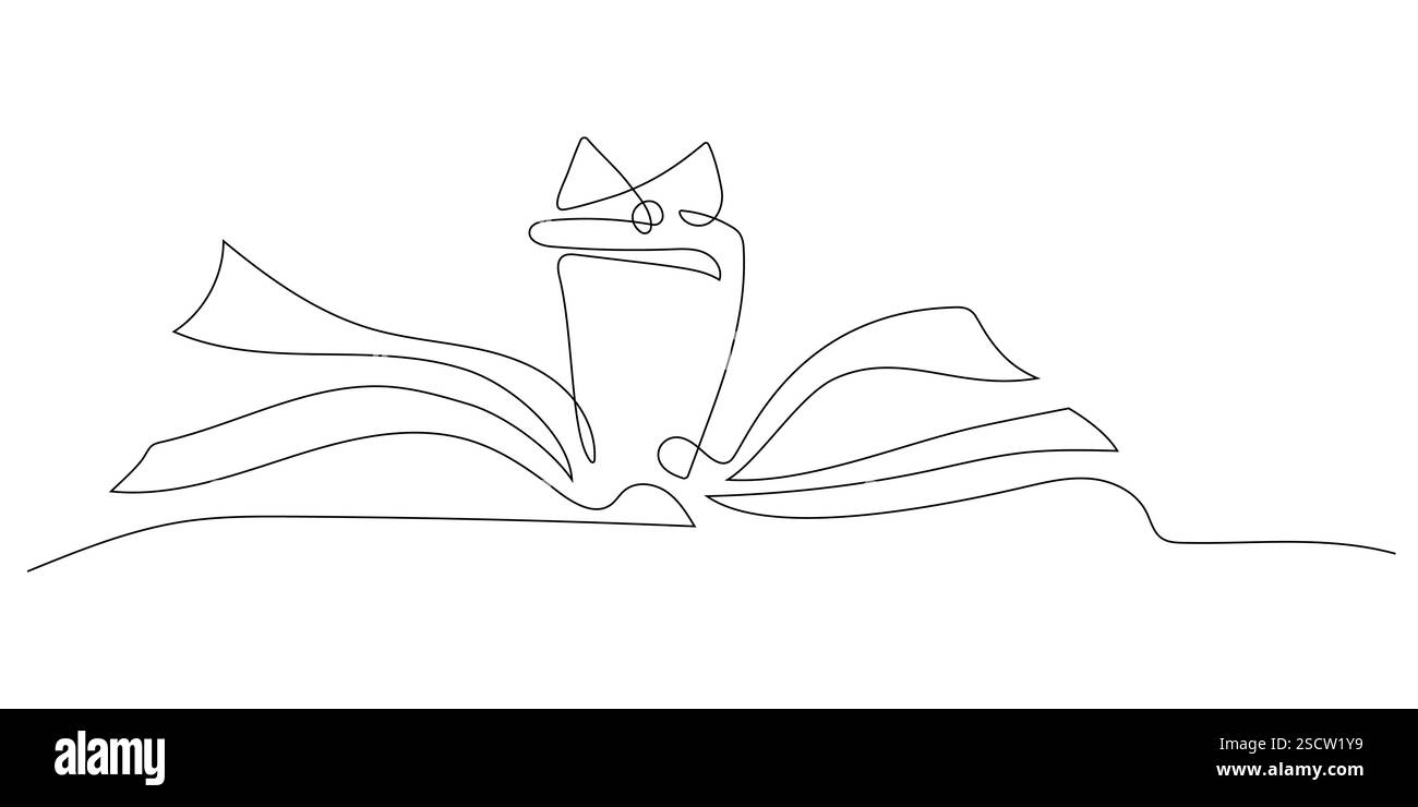Creative line drawing of a frog sitting on an open book with whimsical ...