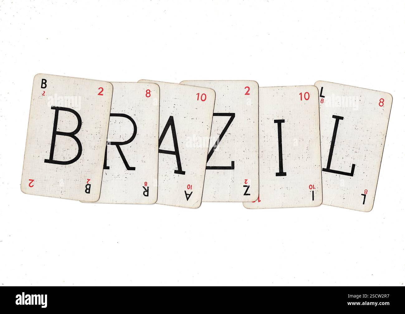 Vintage word game playing cards spelling BRAZIL isolated on a white ...
