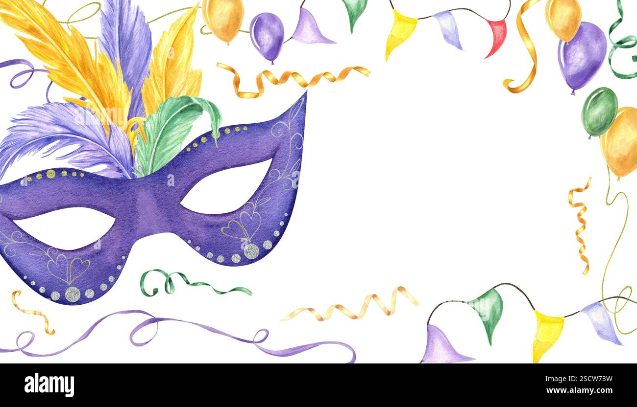 Feather masks with colored bird feathers, flag garlands, ribbons ...