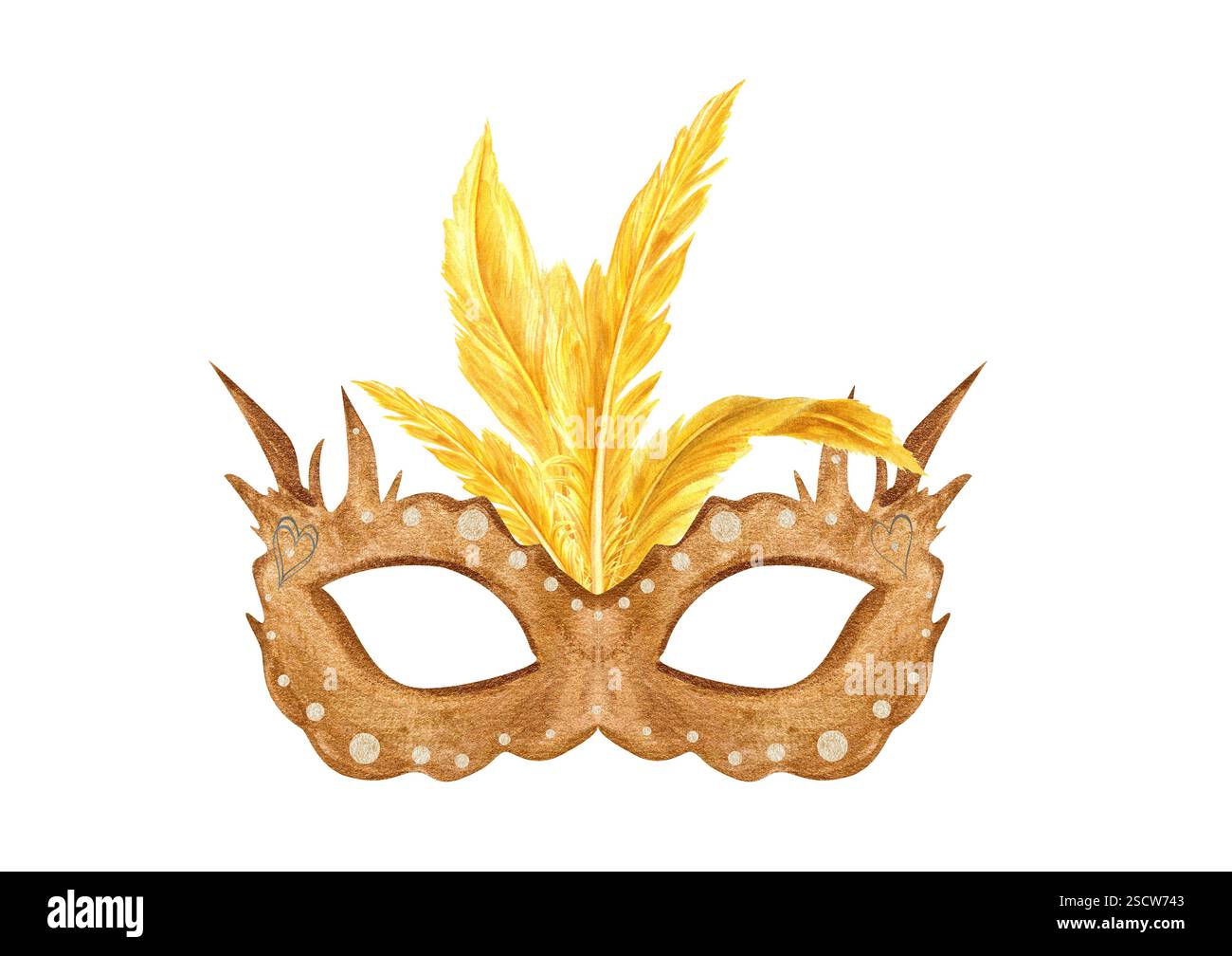 Golden carnival mask with yellow bird feathers watercolor illustration ...