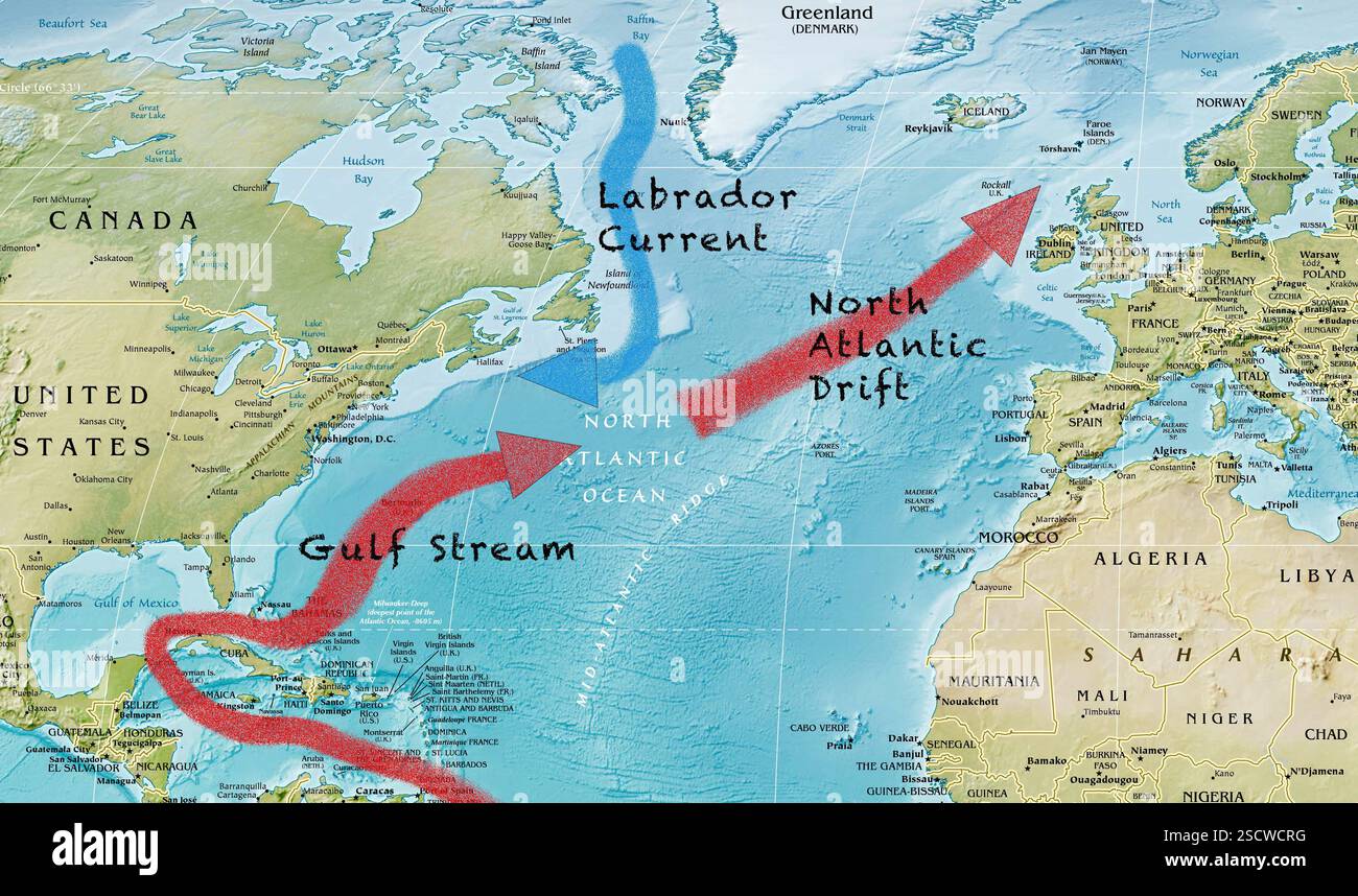 Gulf Stream and North Atlantic Current, Map Stock Photo - Alamy