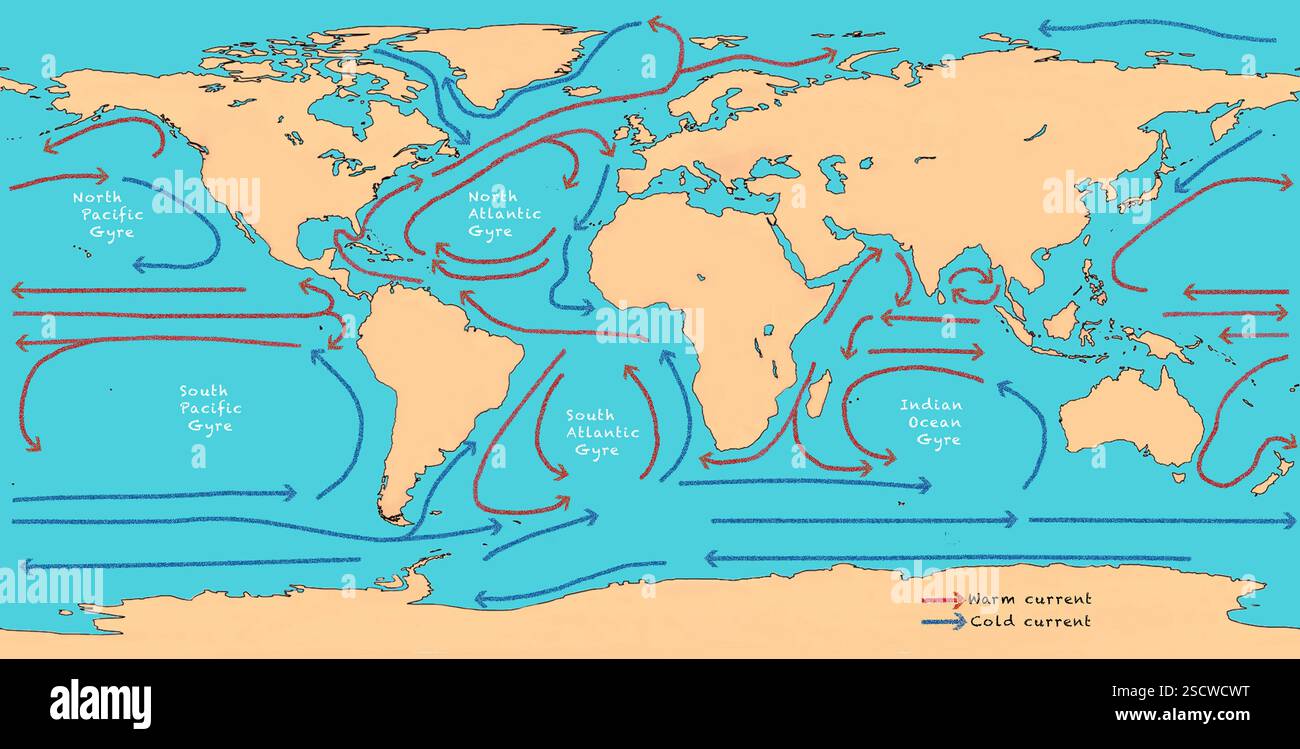 A map showing the warm and cold currents circulating in the world's ...