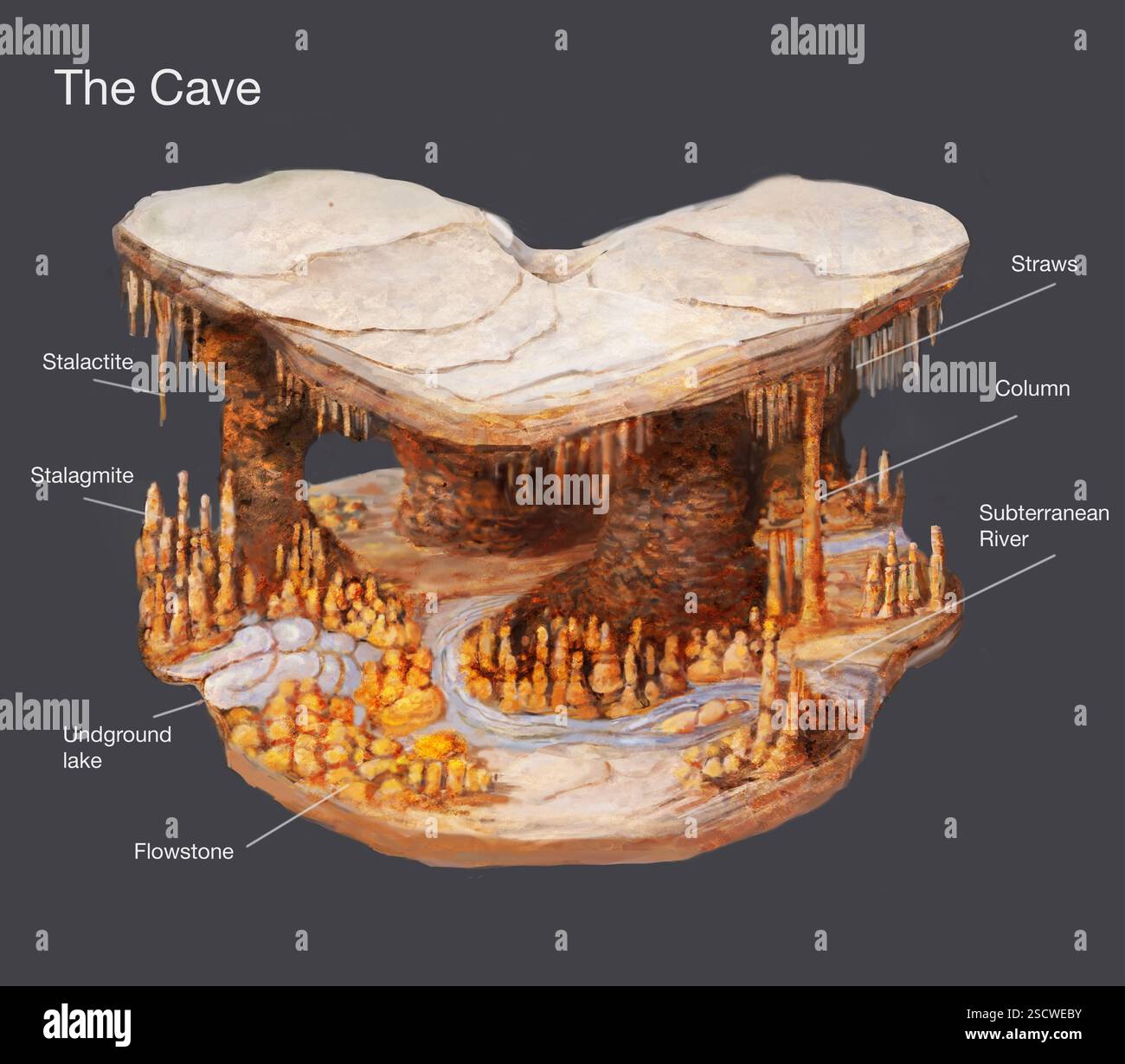 Cave illustration indicating parts of a cave, including stalactite ...