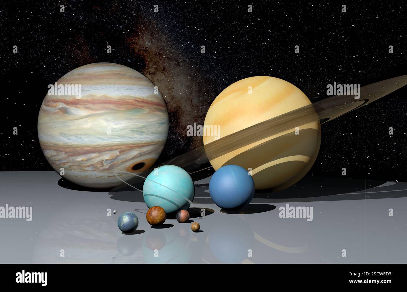 Illustration of the planets of the solar system to scale. Jupiter ...