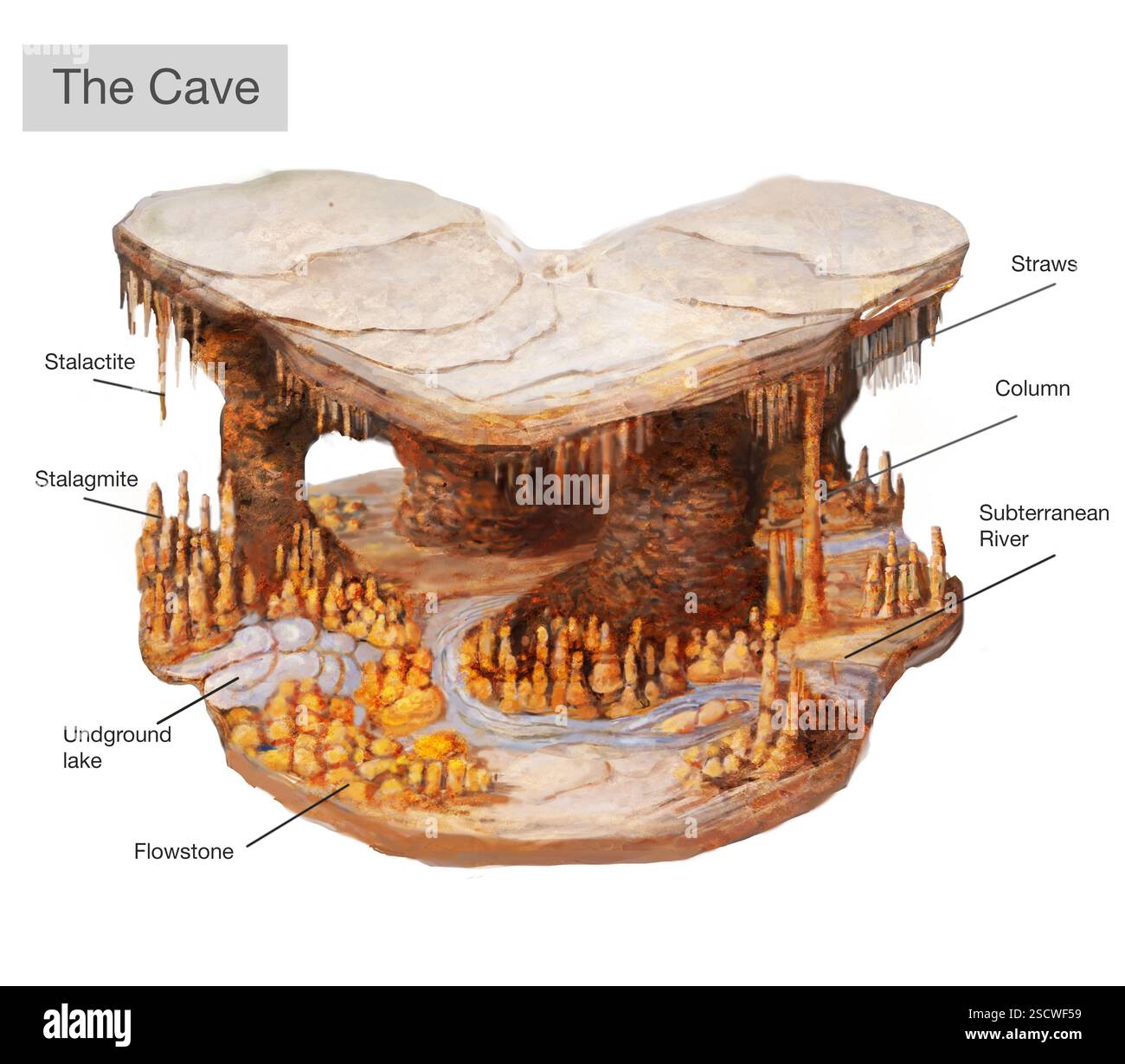 Cave illustration indicating parts of a cave, including stalactite ...